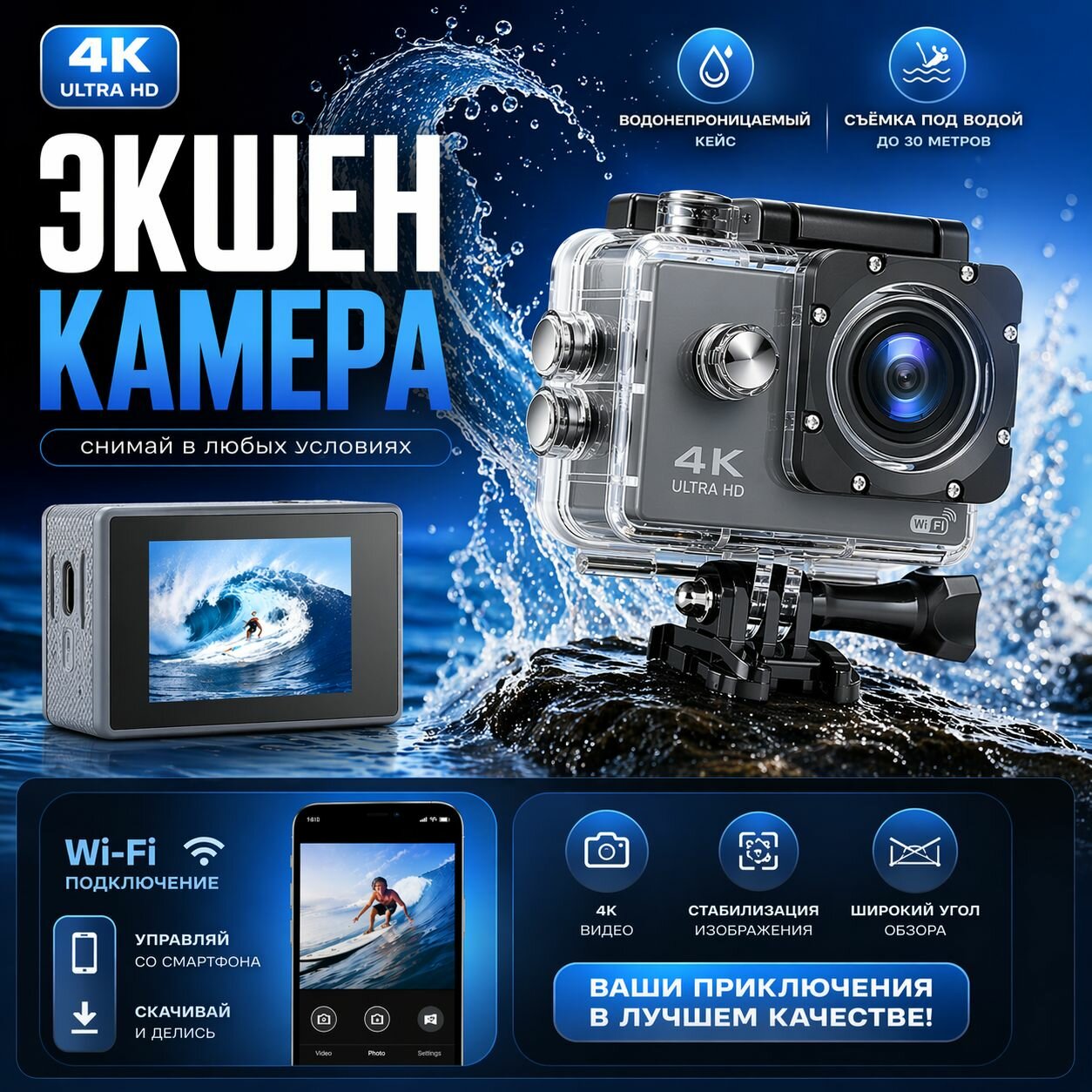 Экшн-камера 4K 30 кадров/сек с Wi-Fi И Подставкой , Защитным Кейсом Для Дайвинга, Водонепроницаемая