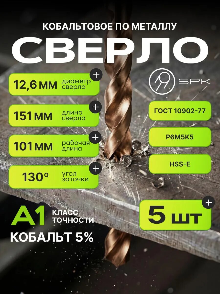 Набор сверл по металлу SPK, кобальтовые, твердосплавные, 12,6 мм, 5 шт