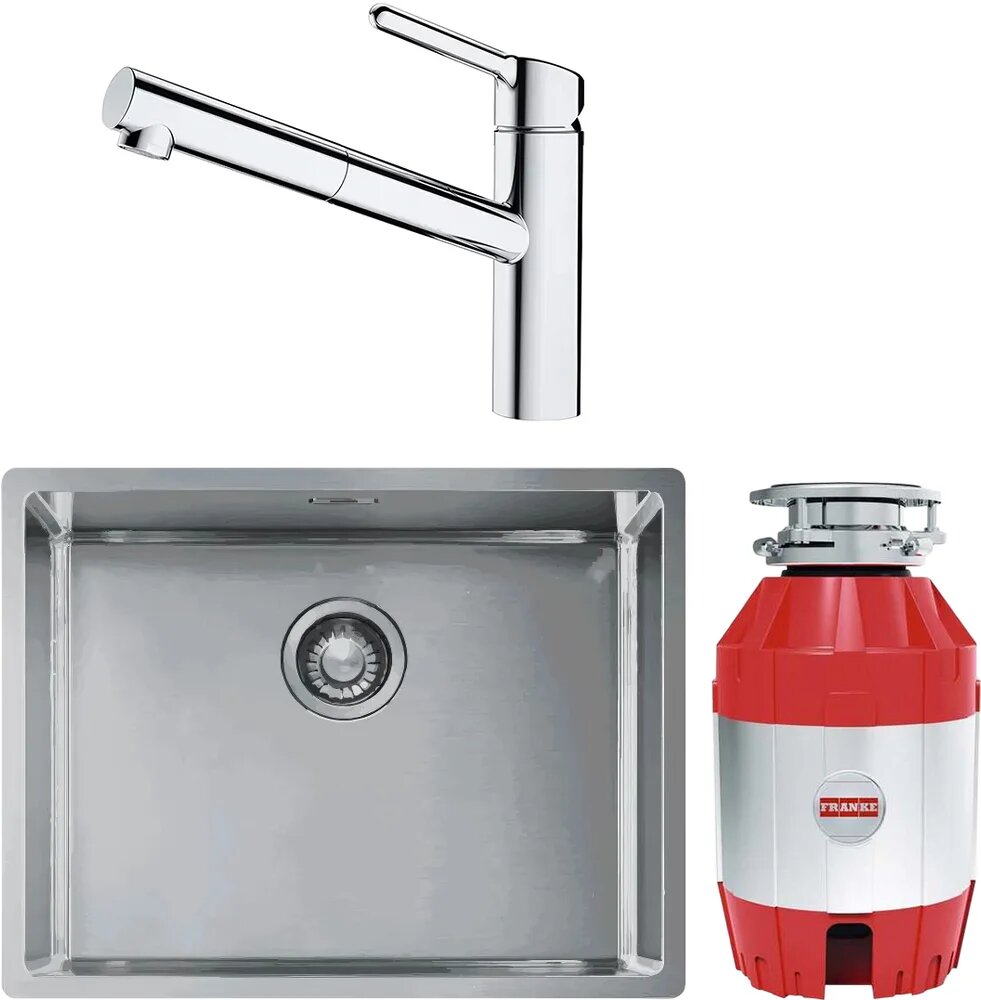 Комплект Мойка Franke Box BXX 210-54 58x45, нержавеющая сталь / Смеситель Orbit 115.0623.055 с выдвижным изливом, глянцевый хром, хром / Измельчитель Turbo Elite TE-75 электрический, нержавеющая сталь