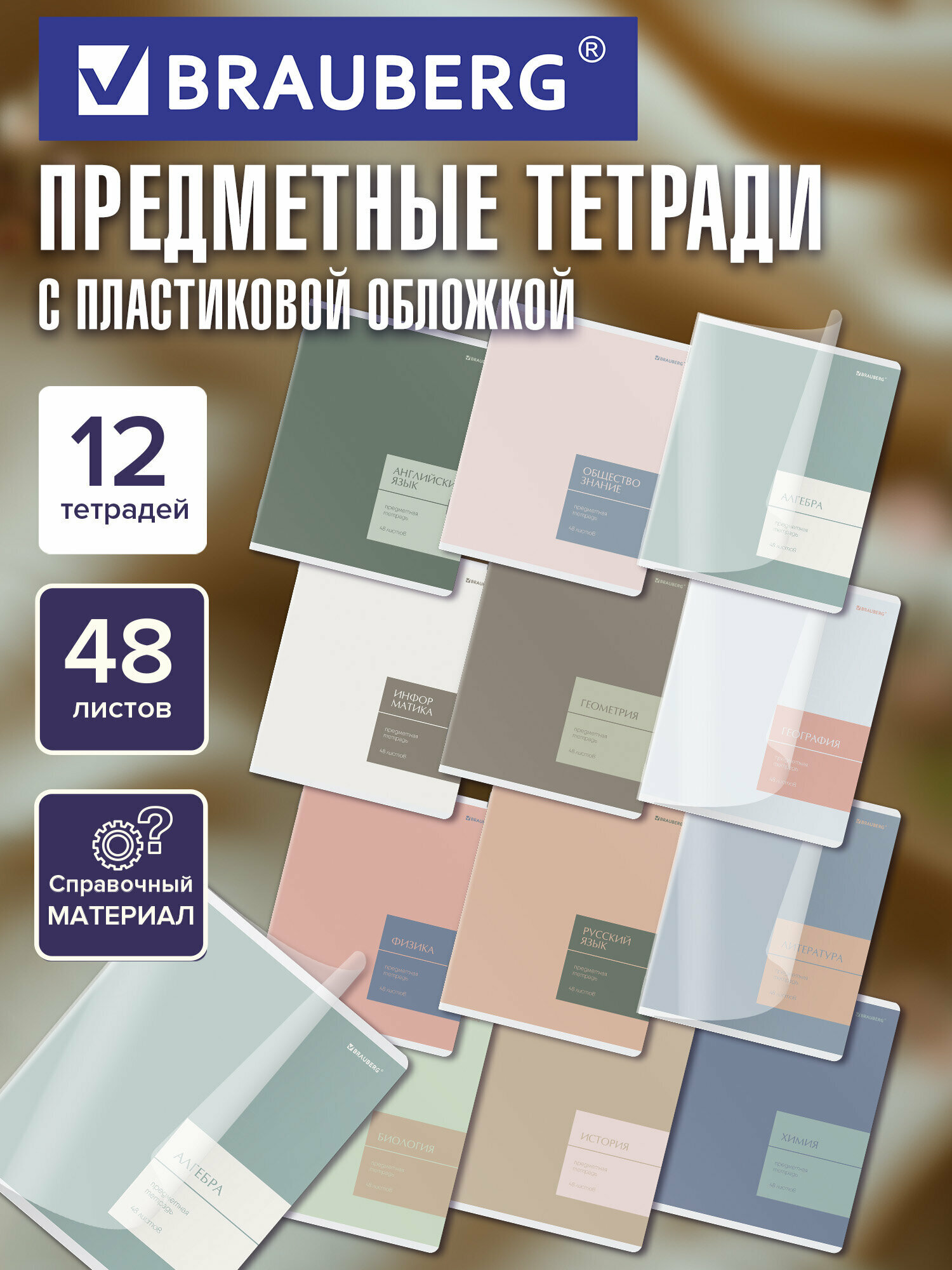 Предметные тетради 48 листов в клетку и линейку A5 набор 12 штук, пластиковая обложка, Brauberg, 405540