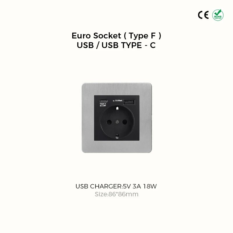 Панель розеток Euro Type F с USB и USB Type-C, серебристая
