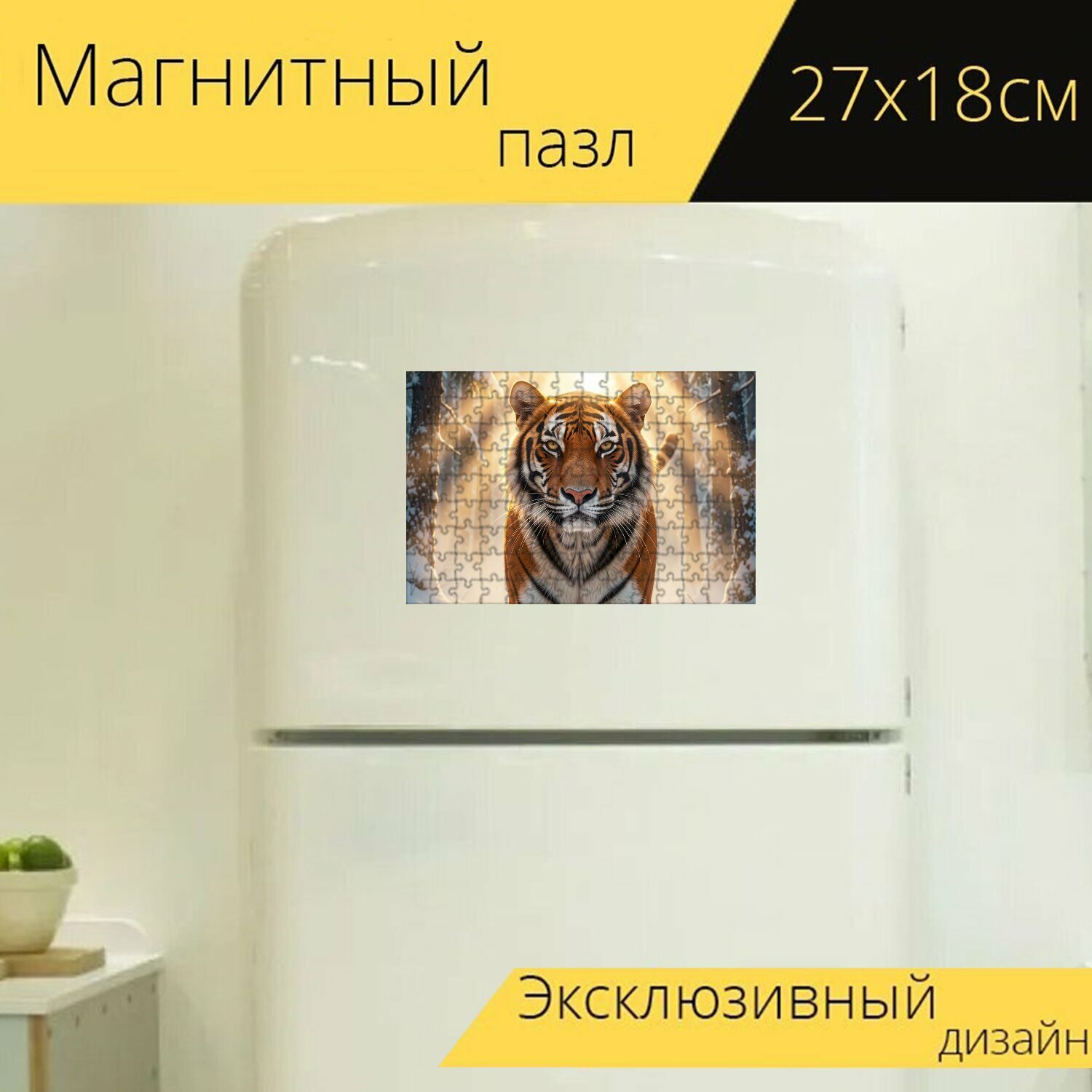 Магнитный пазл "Тигр в снежном лесу. Реалистичный крупный хищник на заснеженной тропе среди зимних деревьев, золотые лучи солнца сквозь туман, теплые." на холодильник 27 x 18 см.