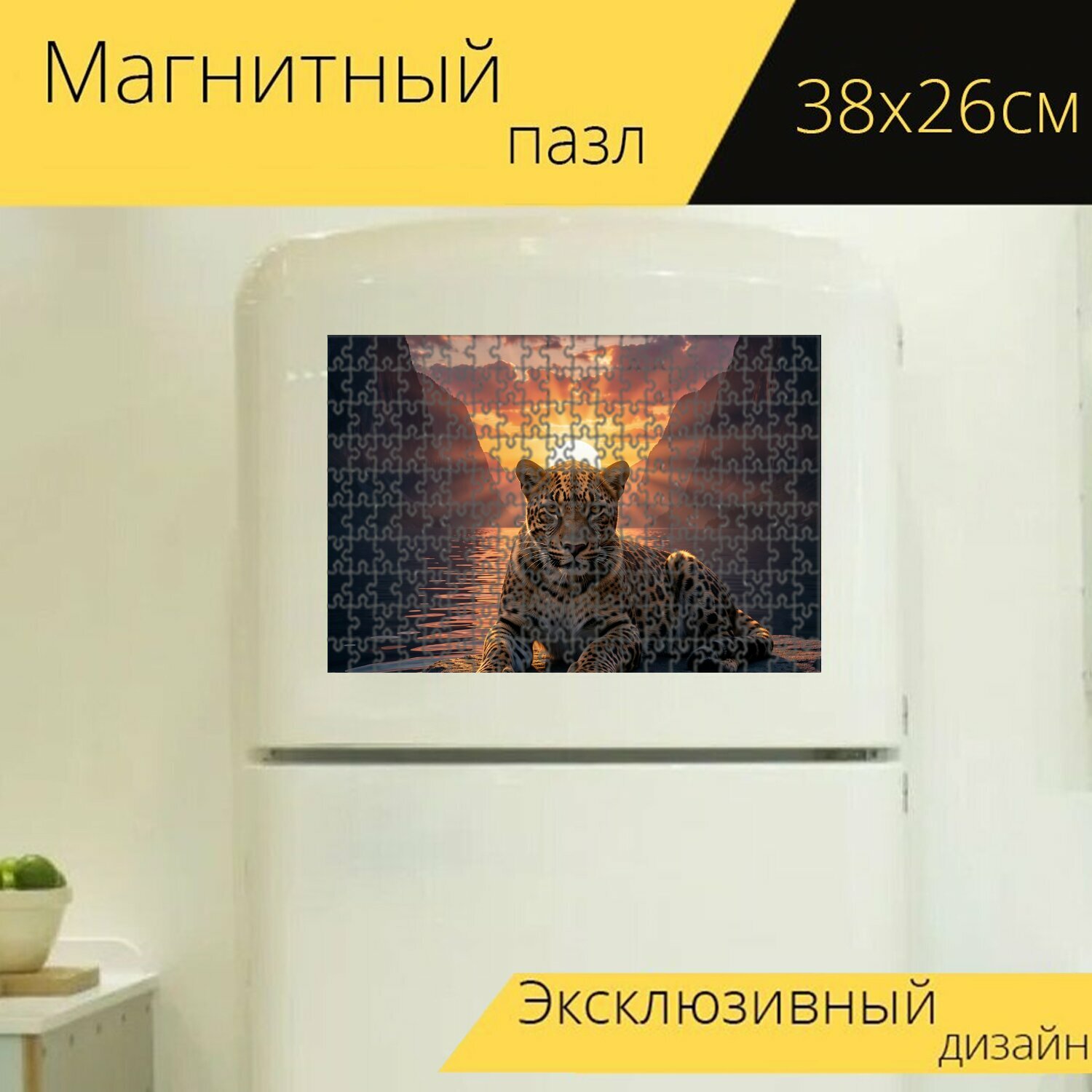 Магнитный пазл "Леопард на скале у заката. Дикая кошка лежит на камне у спокойной воды, на фоне сияющего солнца, горных силуэтов и драматичных облаков." для интерьера, 38х26 см.