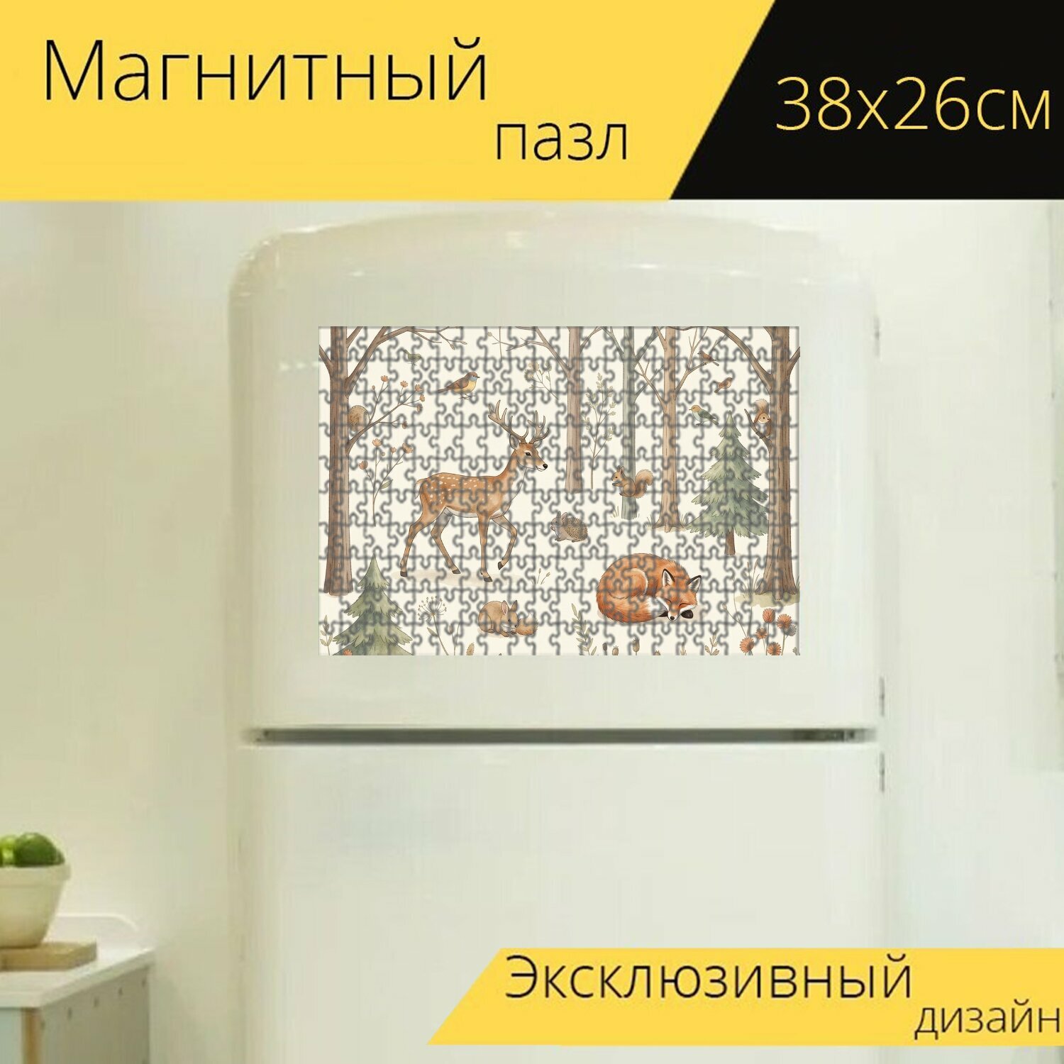 Магнитный пазл "Лесные животные в осеннем лесу. Нежная акварельная иллюстрация с оленем, лисой, зайцами, ёжиком и птицами среди деревьев и елей. Пастельные." для интерьера, 38х26 см.