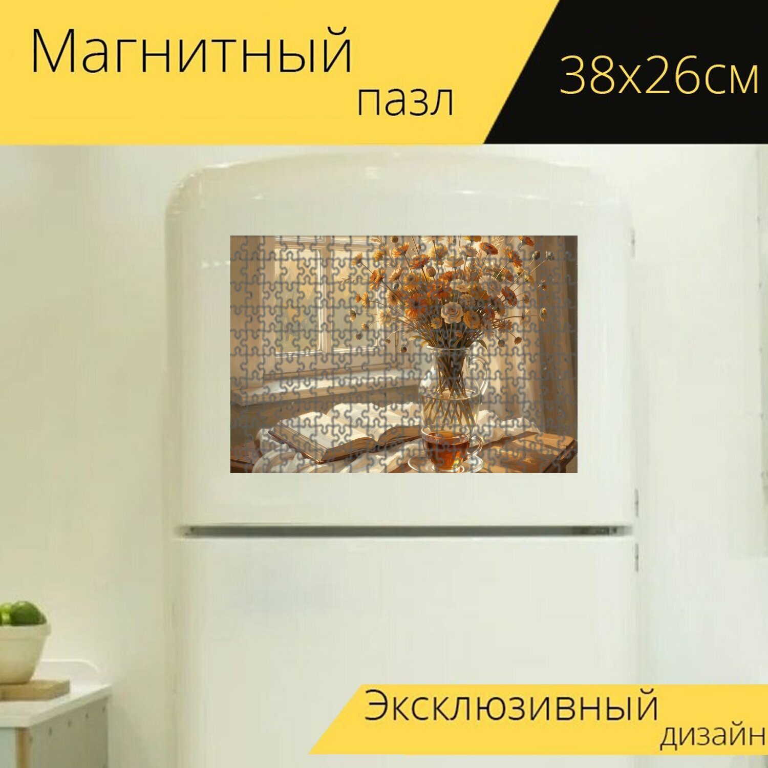Магнитный пазл "Уютный натюрморт у окна. Тёплая домашняя сцена с букетом полевых цветов в стеклянном кувшине, чашкой чая и раскрытой книгой на деревянном." для интерьера, 38х26 см.