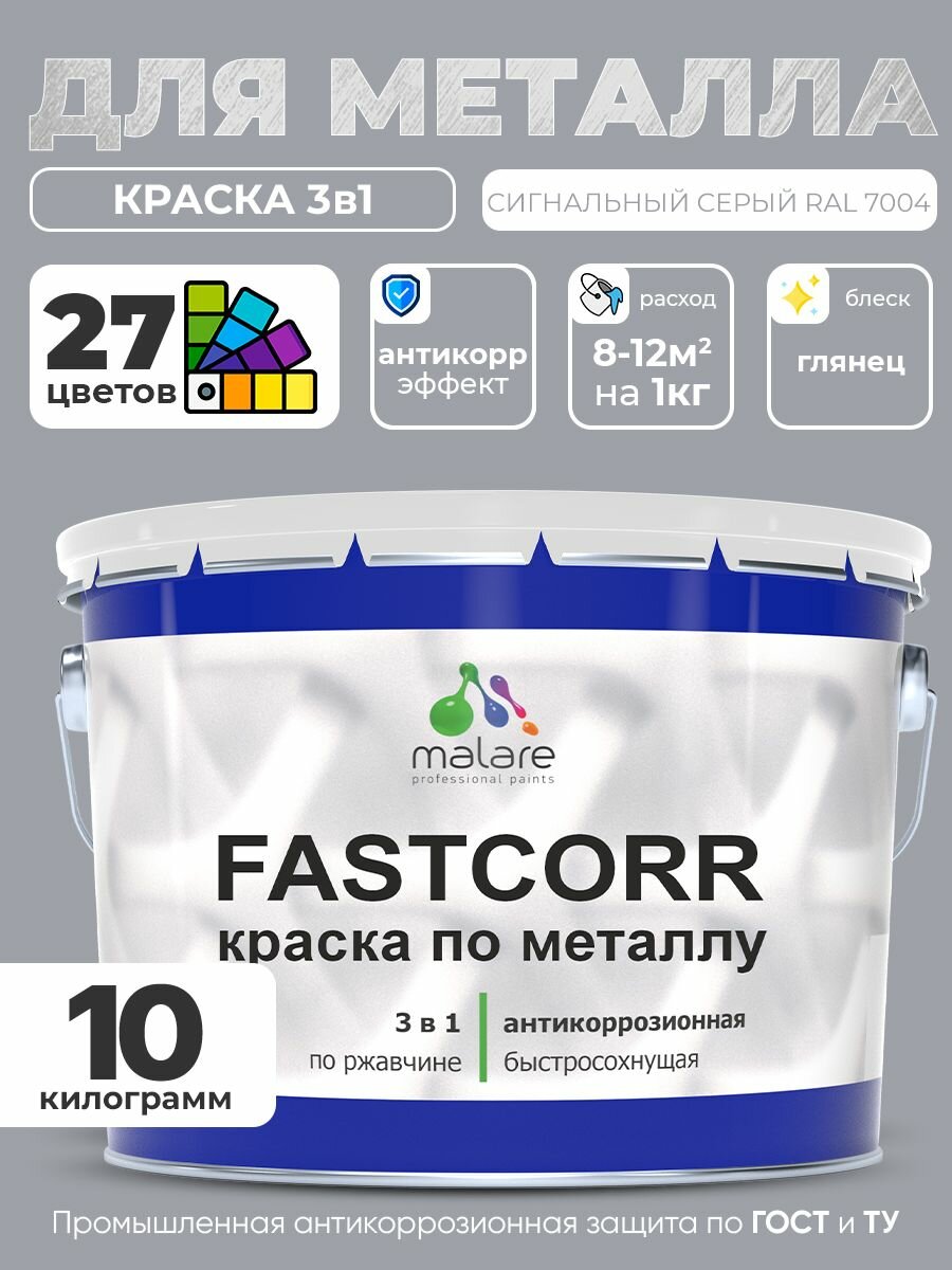 Краска по металлу Malare FastCorr по ржавчине, антикоррозионная, быстросохнущая, глянцевая, RAL 7004, сигнальный серый, 10 кг.