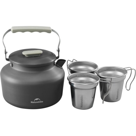 Naturehike Набор посуды туристический, чайник 1,4 л и 3 чашки, алюминий, серый CNK2450CF030-3CUP