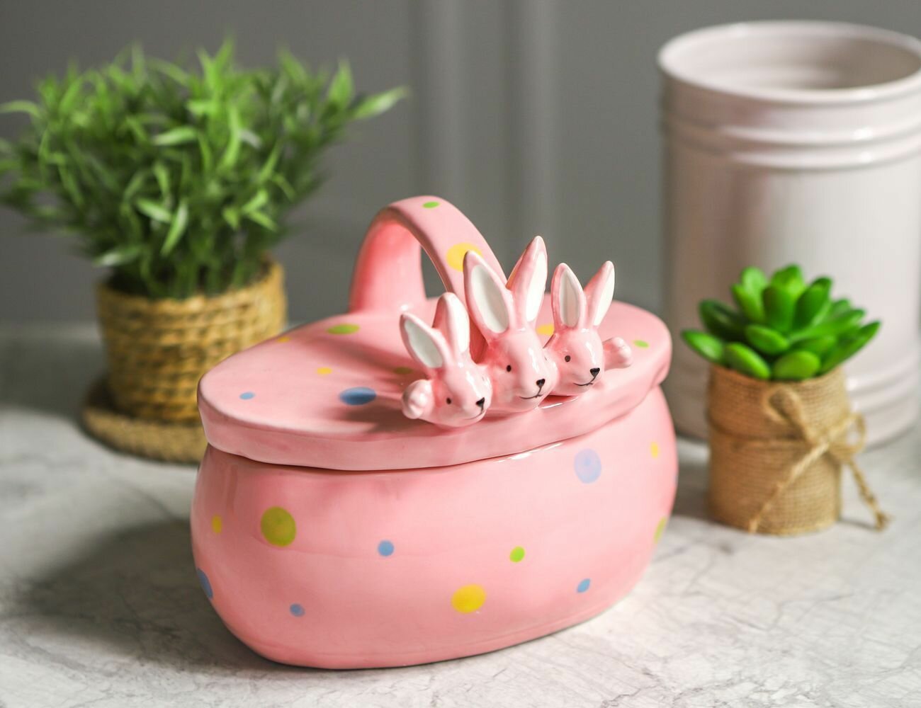 Конфетница с крышкой ТРИ ушастика, керамика, розовая, 17х15 см, XPA23003171-4