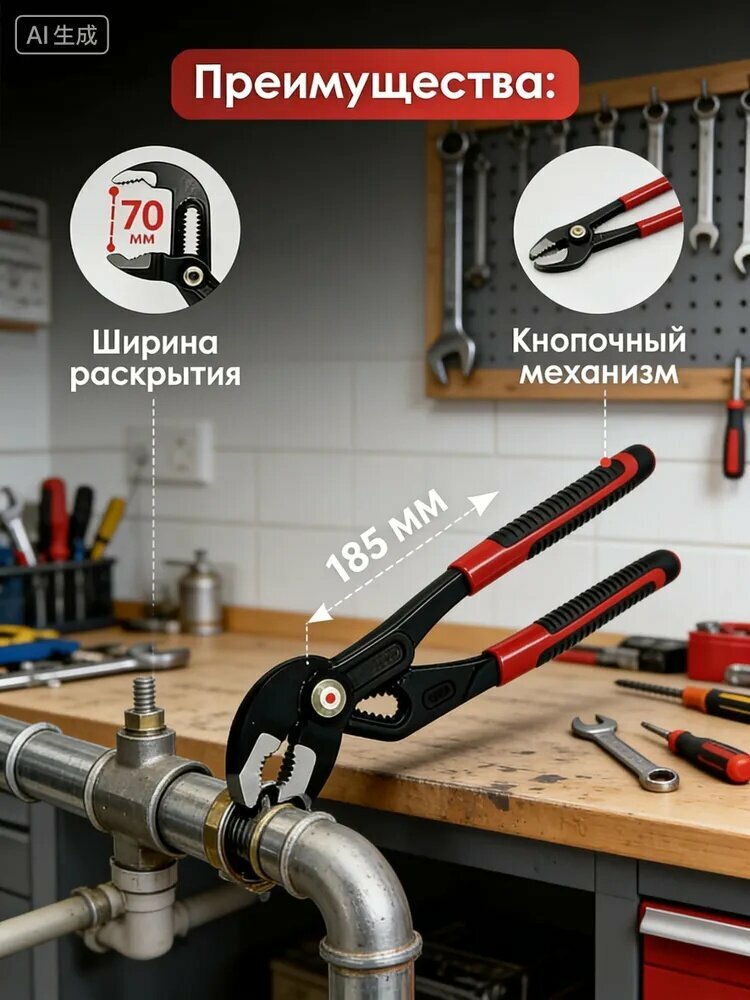 Клещи переставные с кнопкой, 7 дюймов 185 мм, ключ попугай (галка) ширина раскрытия 70 мм. Обливные ручки.