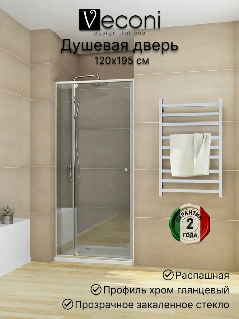 Душевая дверь в нишу Veconi Vianno распашная VN-26, 120х195 см, стекло прозрачное, профиль хром глянец VN26-120-01-C8
