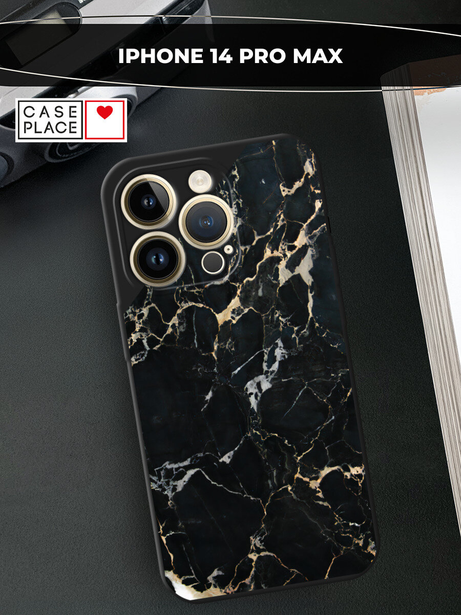 Черный матовый чехол на Apple iPhone 14 Pro Max / Айфон 14 Про Макс с принтом Черный мрамор уголок