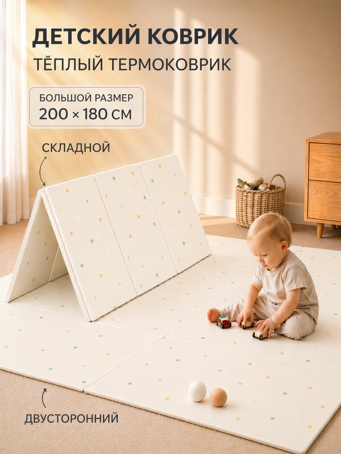 Коврик детский для ползания 180x200, складной развивающий игровой двусторонний на пол для новорожденных малышей термоковрик пазл