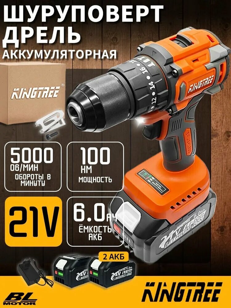 Kingtree Мощная электрическая дрель-шуруповерт 5000 об/мин, 100 Н. М 2 режима скорости(2 Батарея6,0Ач+зарядное устройство)