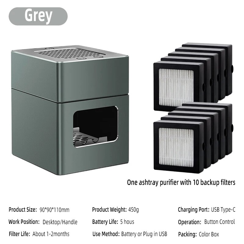 Асhtray Air Purifier LONHOMON AP078 с USB-зарядкой, противник вторичного дыма, настольный пепельница, удаляет запахи, домашний очиститель воздуха — серый с 10 фильтрами