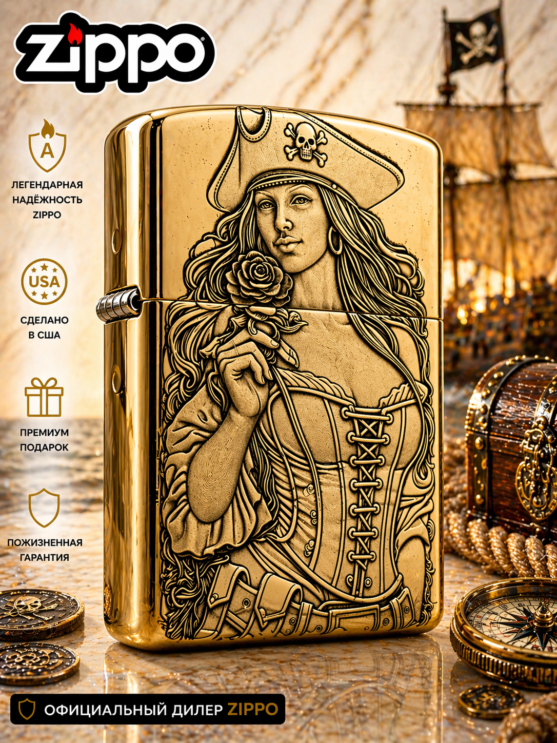Зажигалка Zippo с гравировкой Пиратка