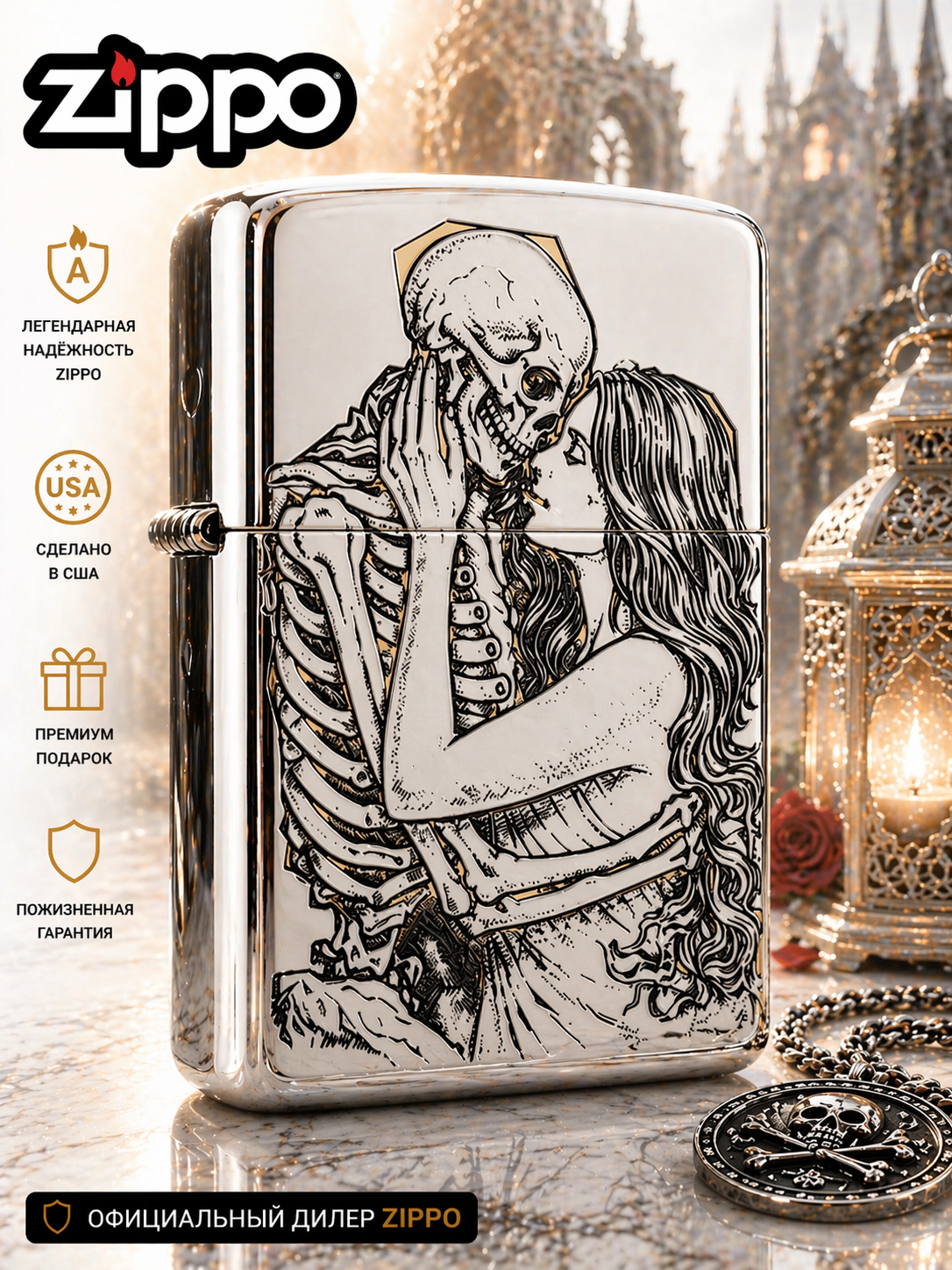 Зажигалка Zippo с гравировкой Любовь и Смерть
