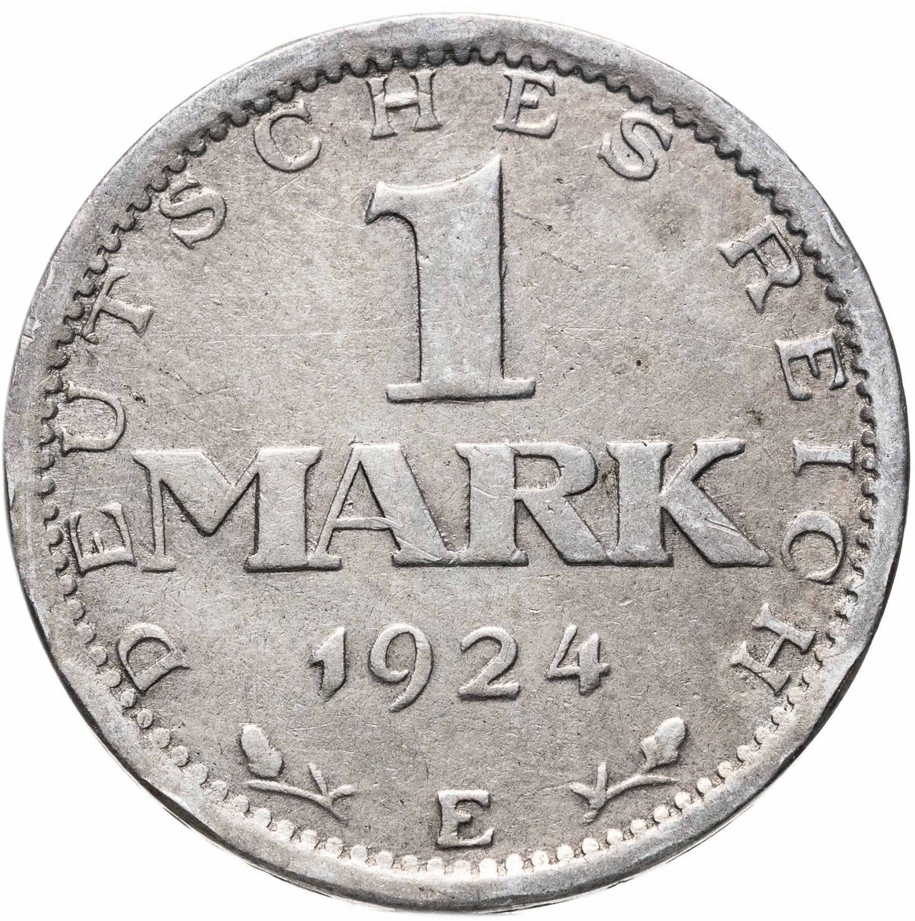 Германия 1 марка mark 1924 F знак монетного двора "F" — Штутгарт, Серебро 500, в сохранности VF