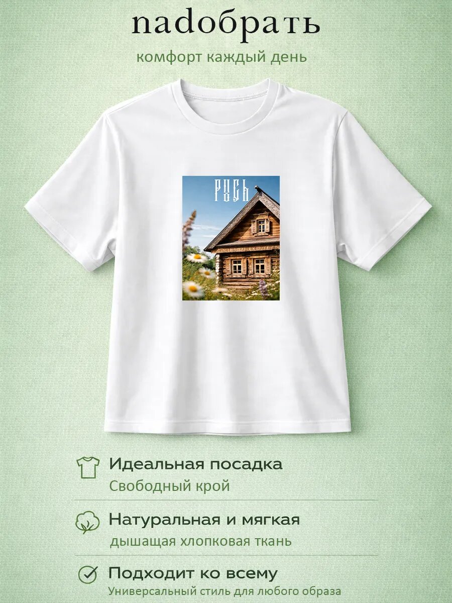 Футболка с принтом Русь дом в деревне природа стиль
