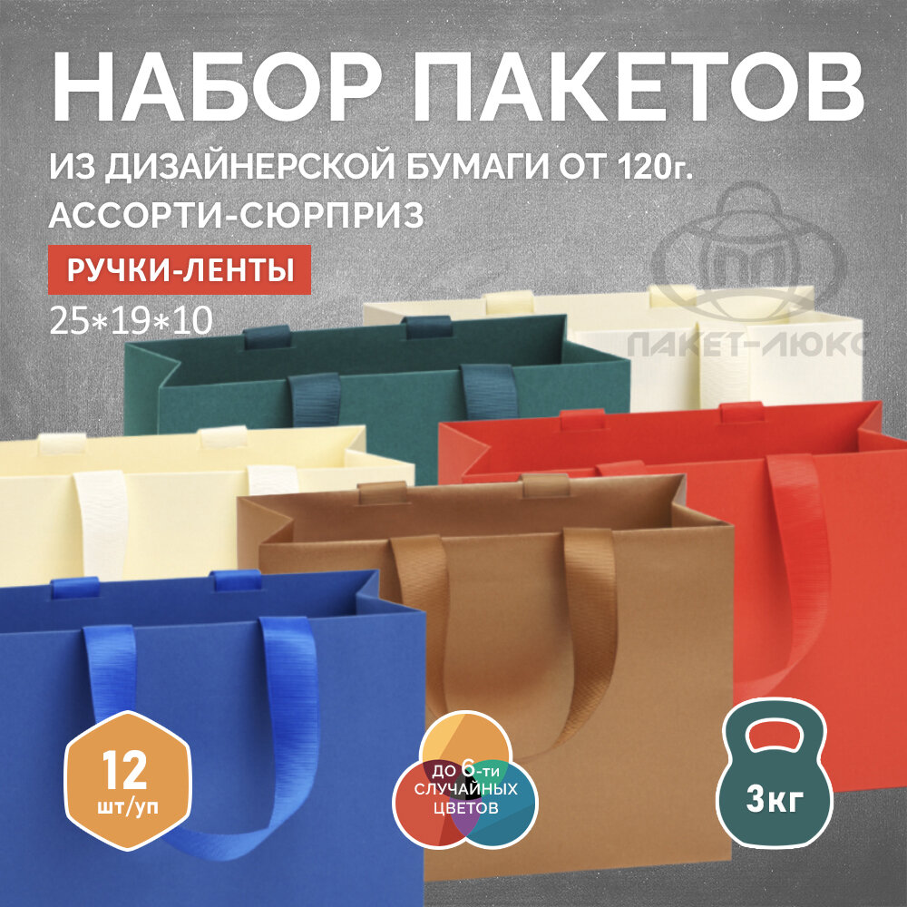 Пакет бумажный подарочный, упаковка 12 шт, размер 25*19*10 см, комплект "Сюрприз" Яркий, из дизайнерской бумаги