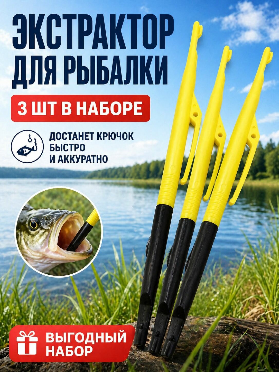 Экстрактор для рыбалки 3 шт, зевник рыболовный, инструмент для извлечения крючка, набор аксессуаров