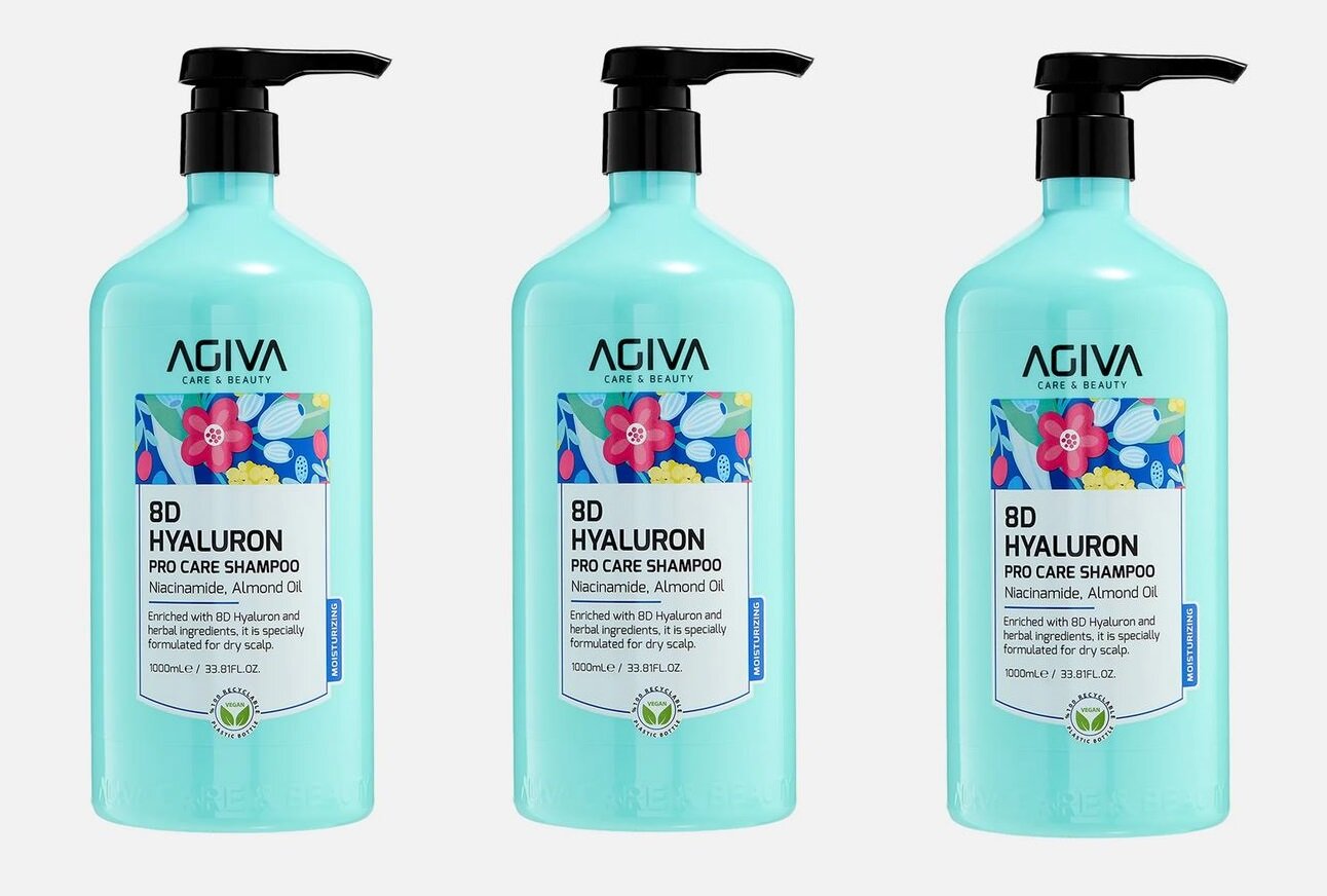 AGİVA Шампунь для сухих и поврежденных волос 8D Hyoluron Pro Care, 1000 мл - 3 штуки