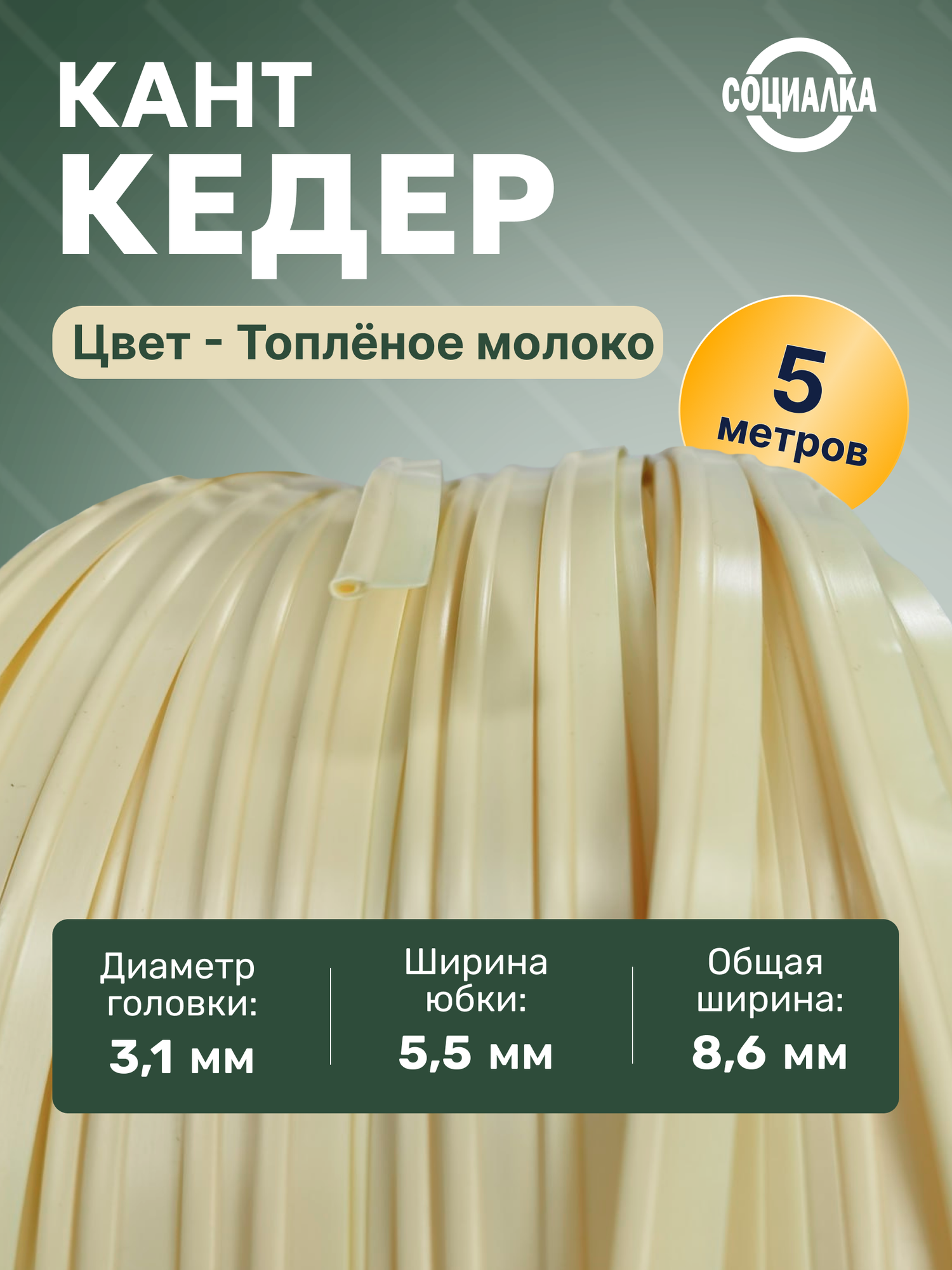 Кедер ( кант, жилка) для сумок, авточехлов и одежды, намотка 5м, топленое молоко/размер: ширина головки 3,1мм; длина юбки 5.5мм