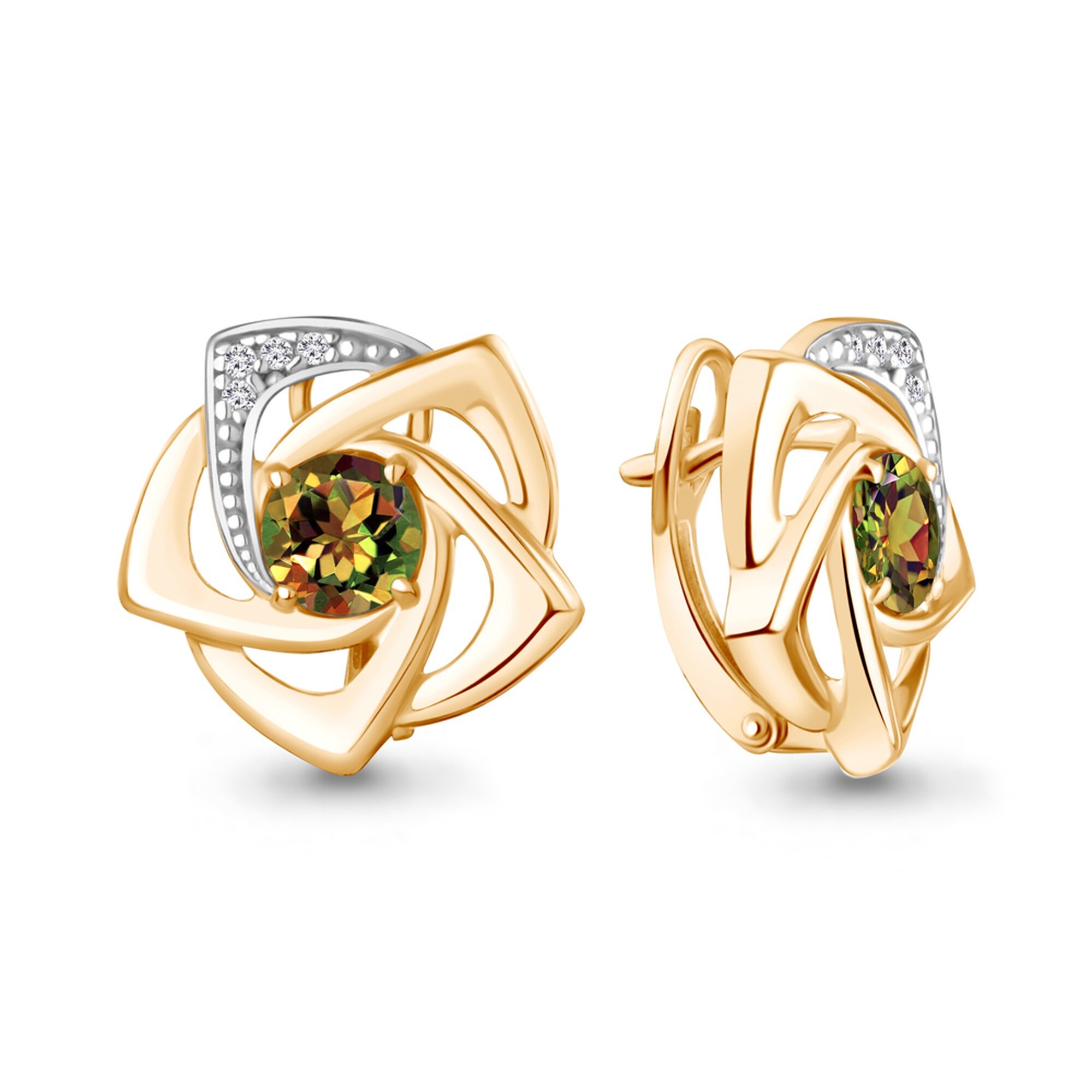 Серьги, серебро, 925 проба, золочение, фианит, султанит