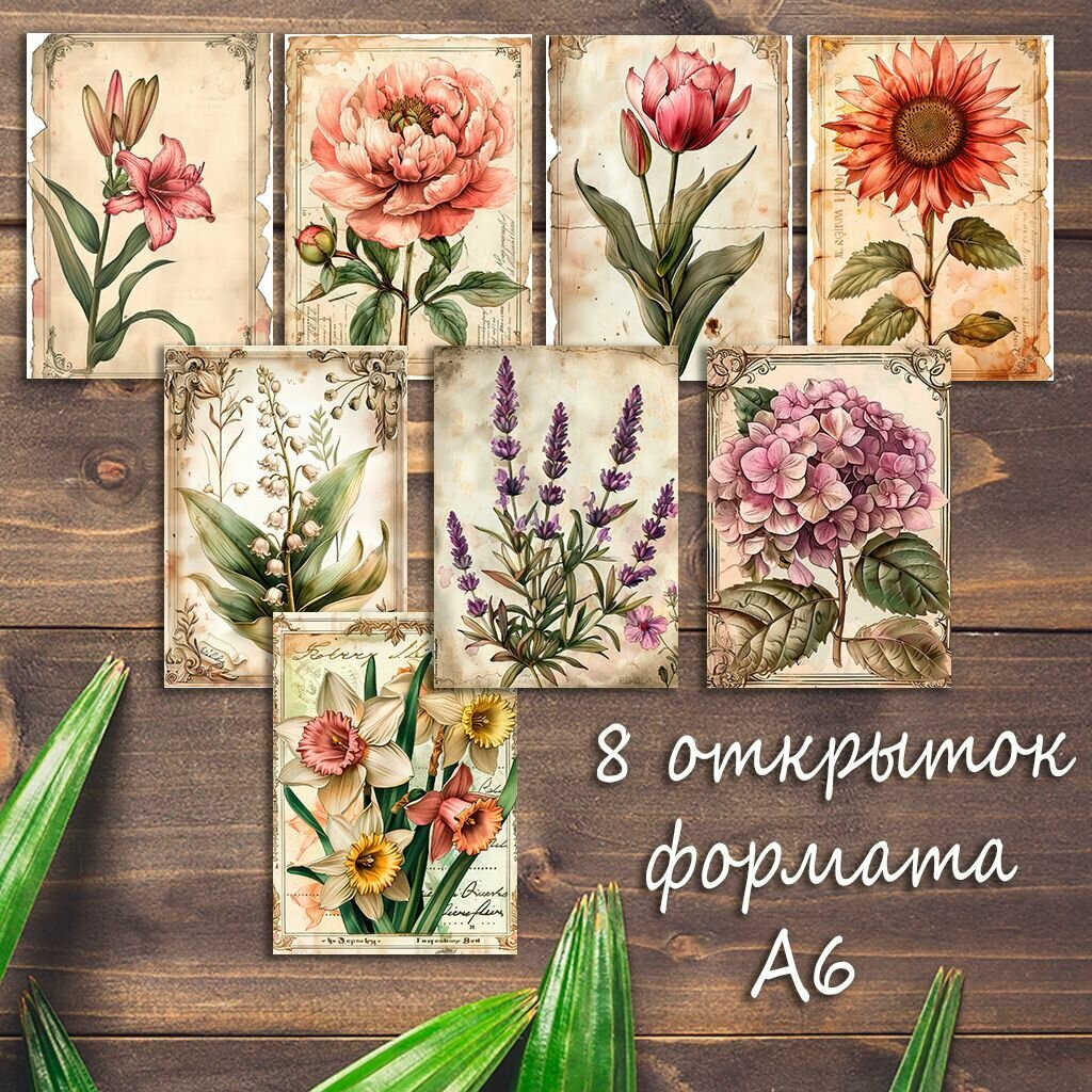 Большой набор открыток Винтажные цветы , 8 штук
