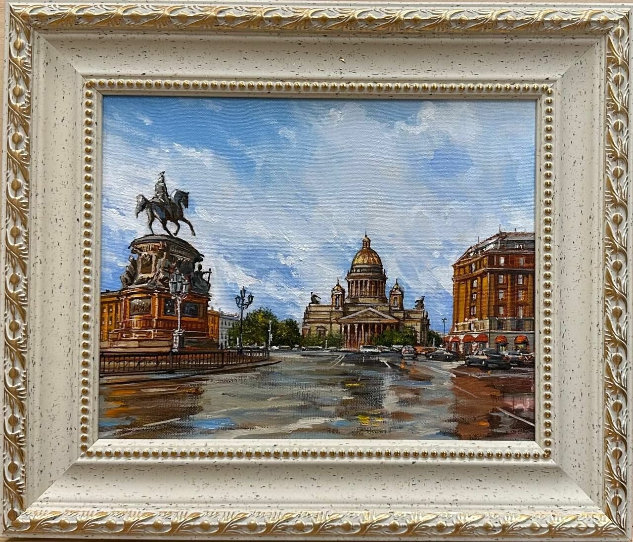 Картина маслом, городской пейзаж "Санкт-Петербург. Исаакиевская площадь". Холст/Масло. Размер 24х30. Автор Тихомиров.