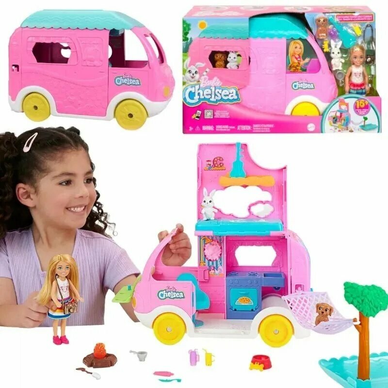 Игровой набор 2-в-1 Barbie Camping Vehicle Little Doll Chelsea с 2 домашними животными и 15 акк. HNH90