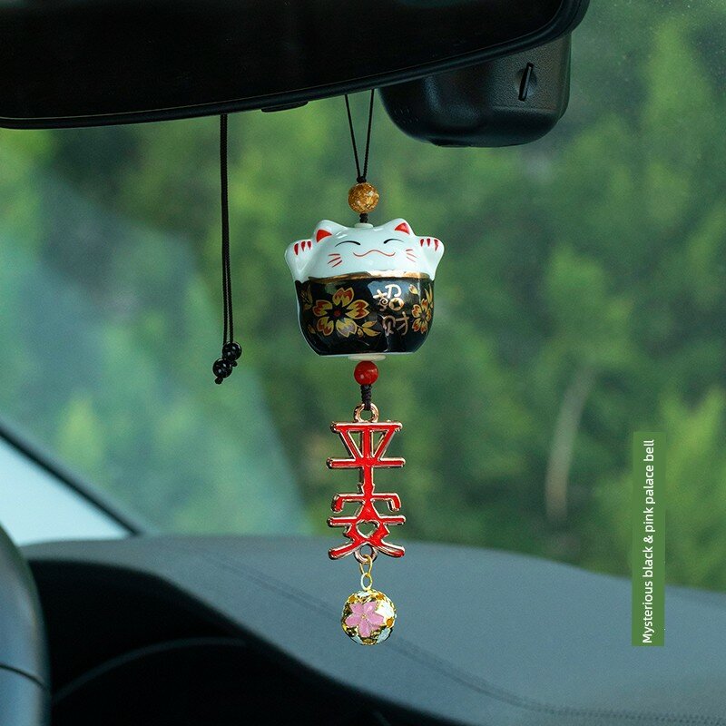 Керамический кот-счастливчик для авто, подвеска с розовым колокольчиком, черный цвет для салона