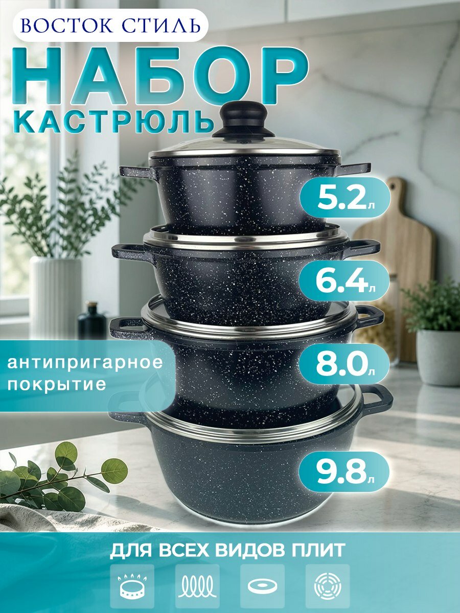 Набор кастрюль Восток Стиль, для индукции, с антипригарным покрытием, черный