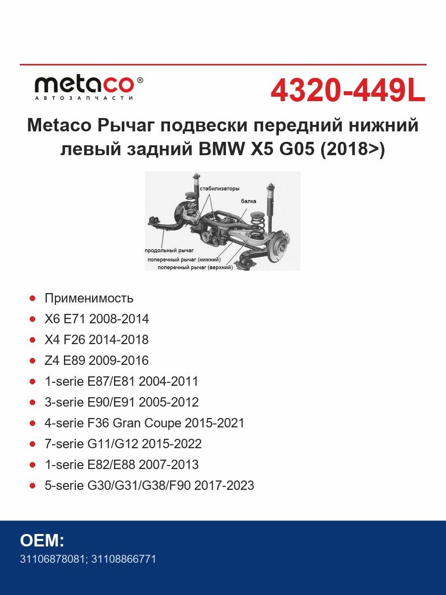 Metaco Рычаг подвески передний нижний левый задний BMW X5 G05 (2018>)