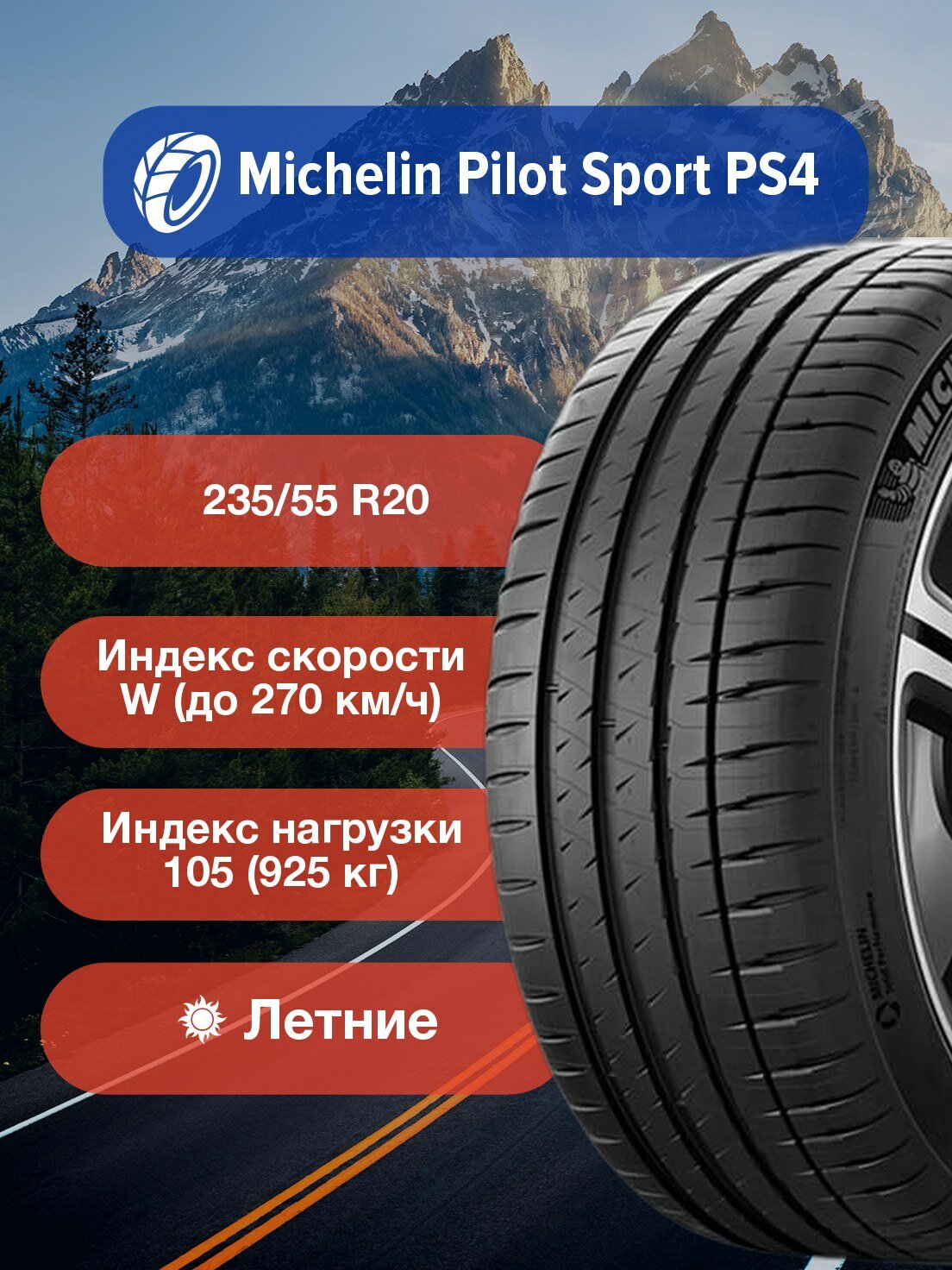 Легковые Летние Шины Michelin Pilot Sport PS4 235/55 R20 105W-БП-00002101 для легковых автомобилей и кроссоверов