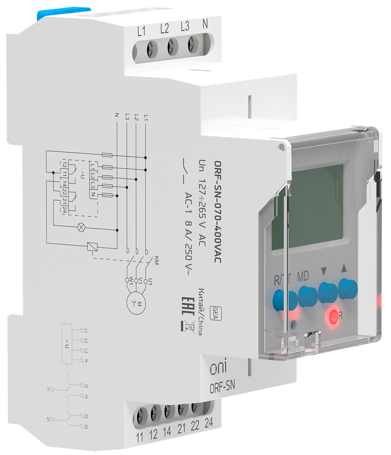 ORF-SN-070-400VAC Реле контроля фаз ORF-SN 3 фазы 2 контакта 70-400В AC с контролем нейтрали ONI