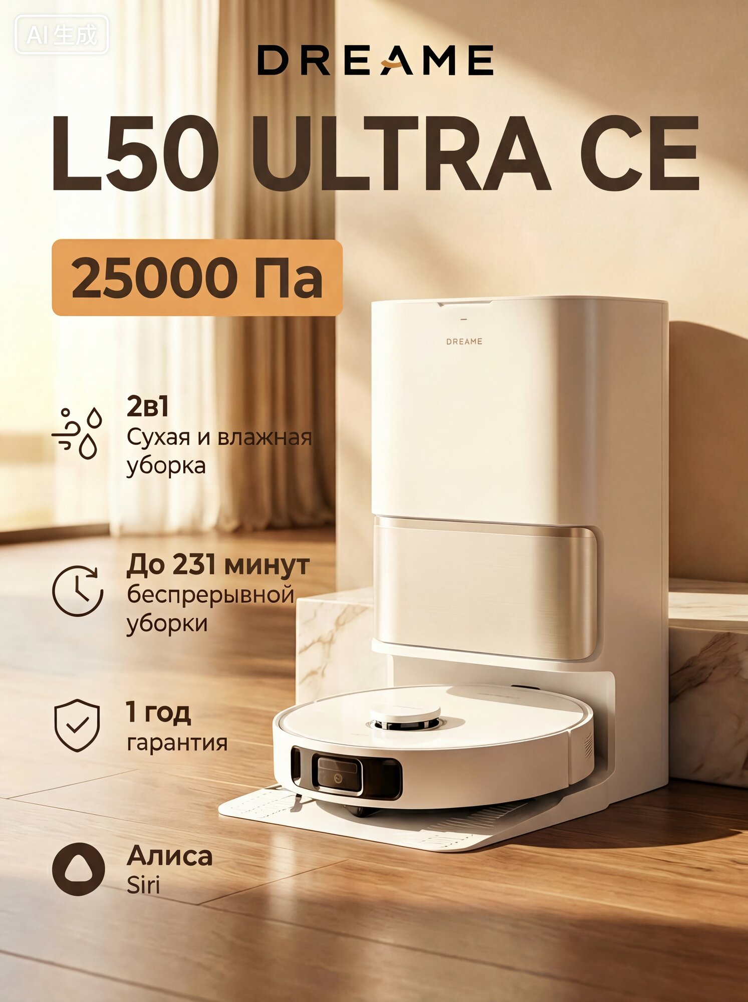 Dreame L50 Ultra CE — робот-пылесос 2-в-1, 25 000 Па, автоочистка, станция с промывкой 80 °C
