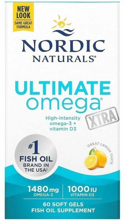 Nordic Naturals, Ultimate Omega Xtra, Омега 3 и витамин D3, со вкусом лимона, 740 мг, 60 капсул