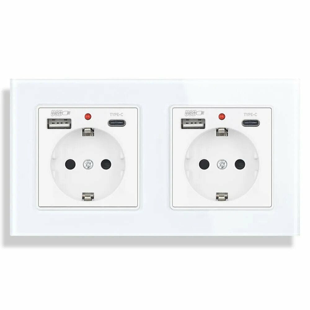 Розетка тройная электрическая 3 поста, с Usb/Type-C АC, рамка 153х82мм стекло, цвет белое