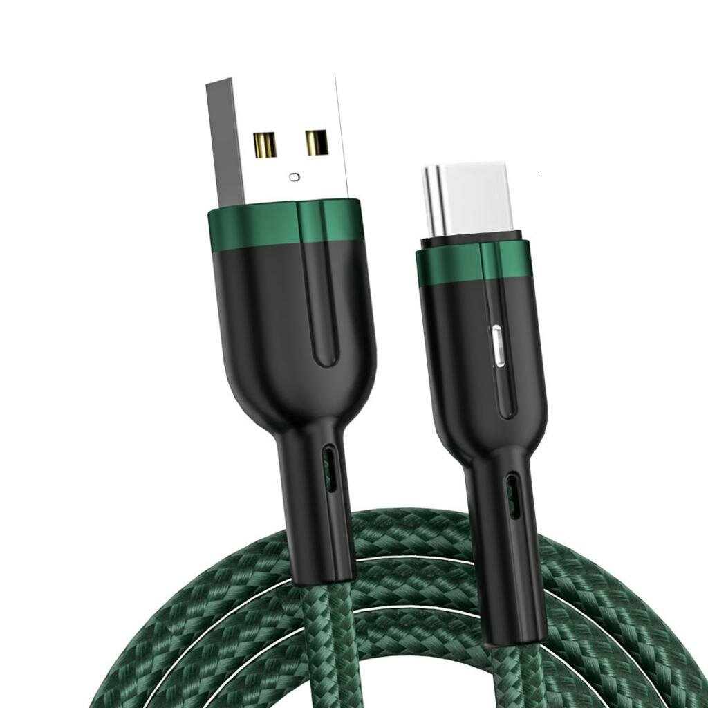 Оплетённый USB-C кабель с индикатором и защитой от перезарядки, Зеленый - 1.5m