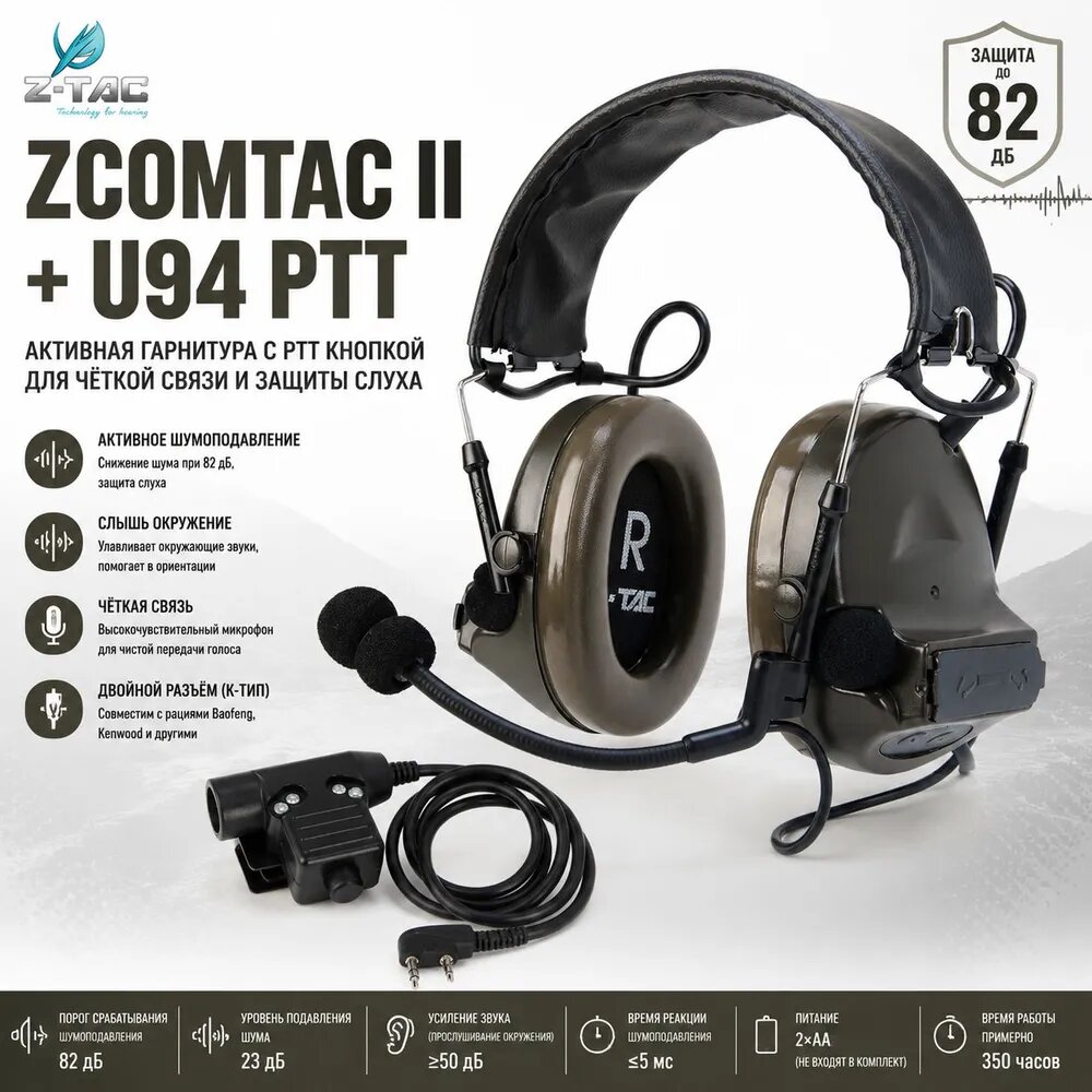 Z-TAC Наушники проводные с микрофоном Активные наушники Z-TAC ZComtac II с кнопкой U94 PTT | Наушники с активным шумоподавлением для связи, черный матовый, зеленый