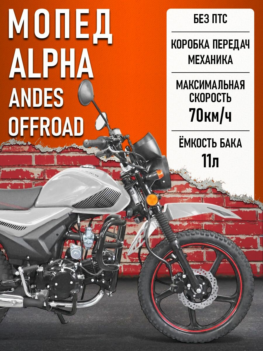 Мопед Alpha ANDES OFFROAD (Тюнинг)(багажник перед. и зад, литые диски) серебро