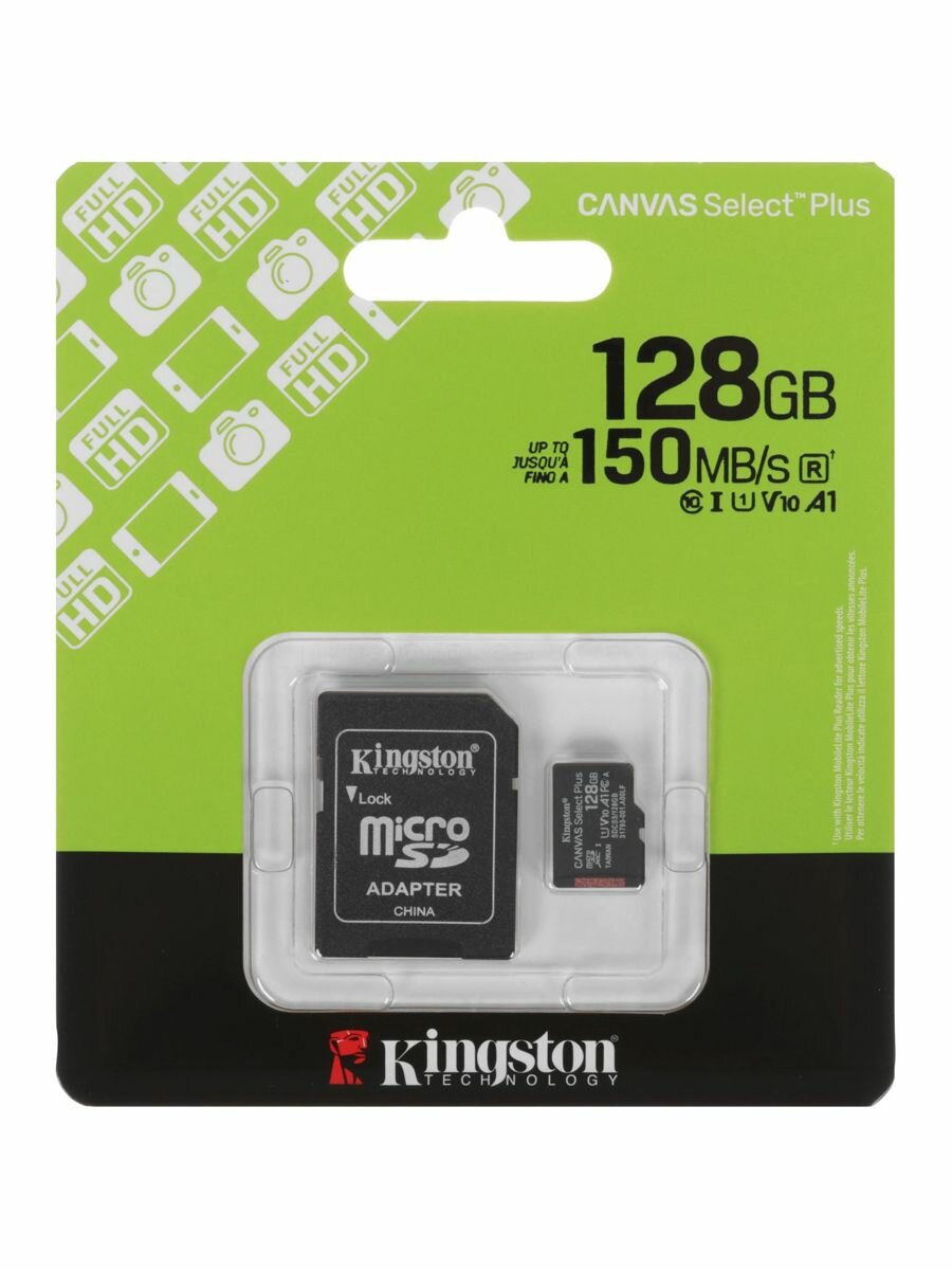 Kingston Canvas Select Plus 128 ГБ Карта памяти microSDXC (SDCS3/128GB), с адаптером