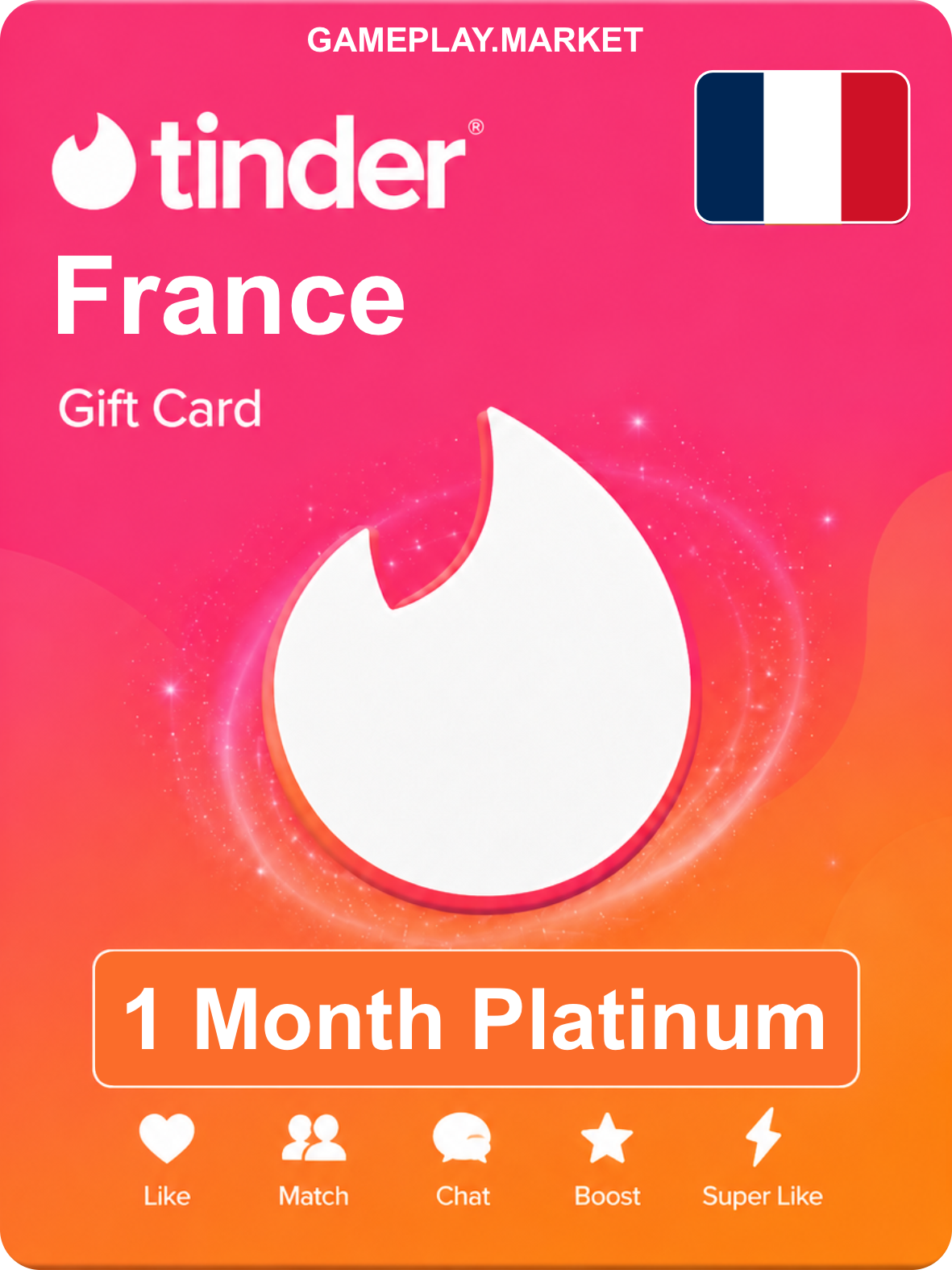 Подарочная карта Tinder Platinum 1 месяц подписки / Для аккаунта Франции / Оригинальный цифровой код