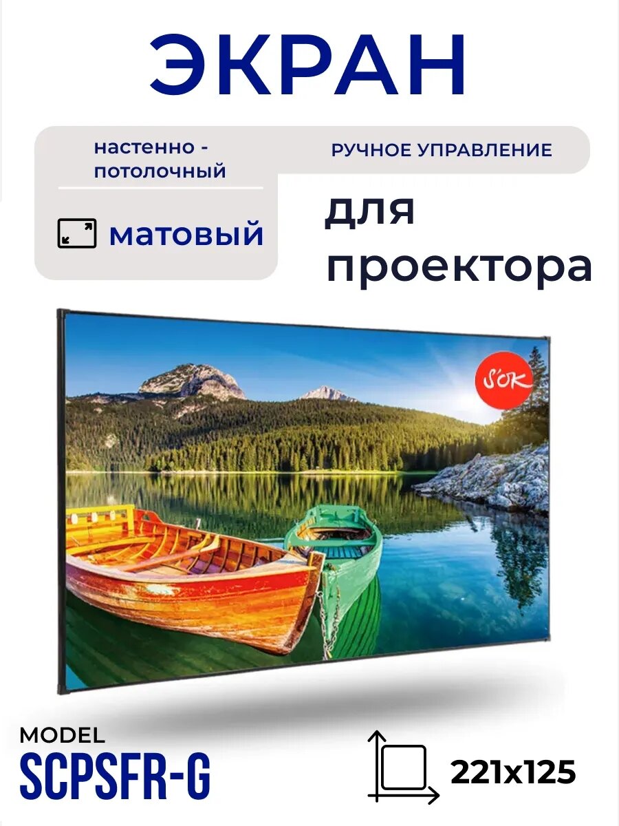 Экран для проектора S'OK SCPSFR-221x125G Pro 100 16:9 постоянного натяжения, Gray HCG, черный