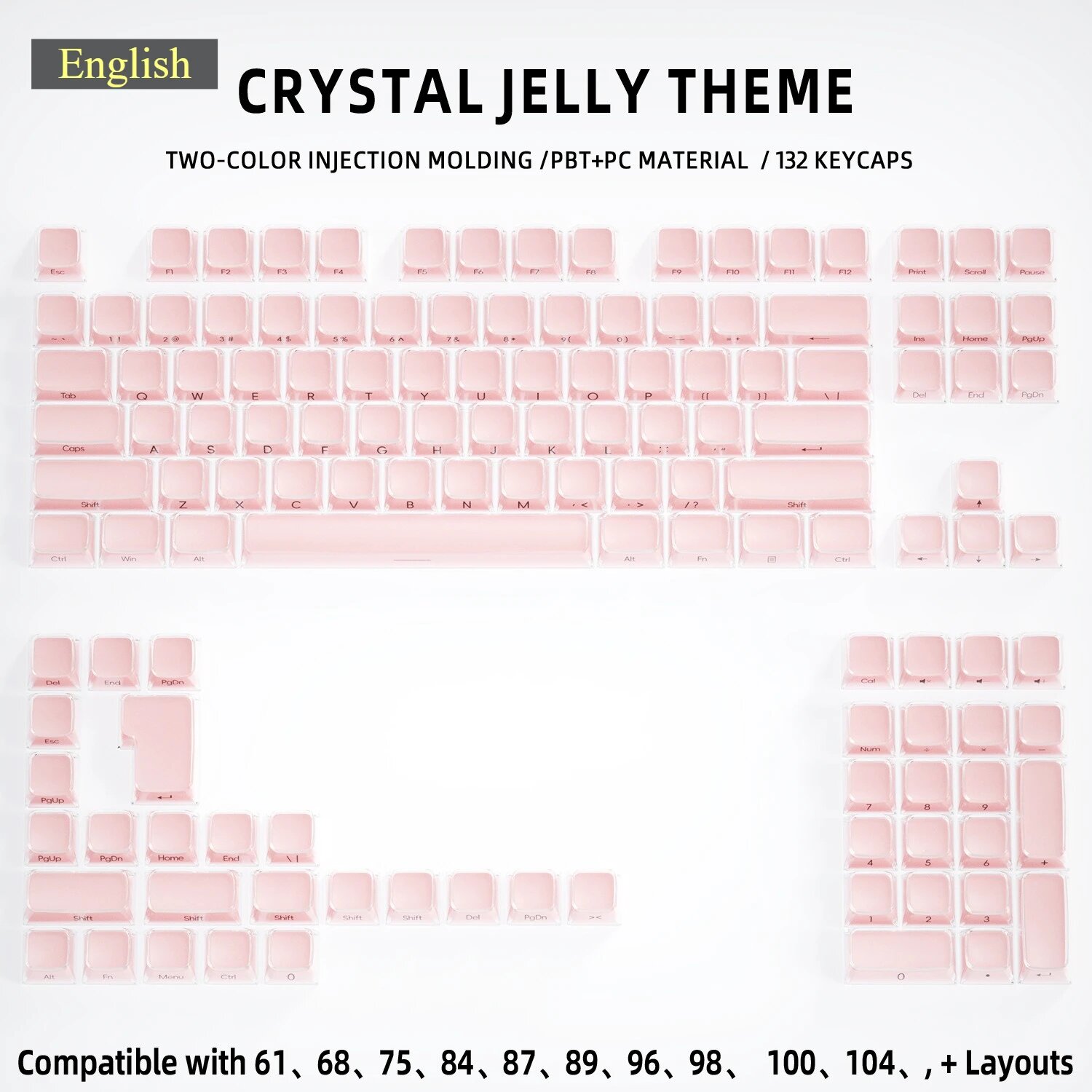 Кейкапы Crystal Jelly для механических клавиатур 60% 75% 80% 100% розовые белые Pink-English-Side