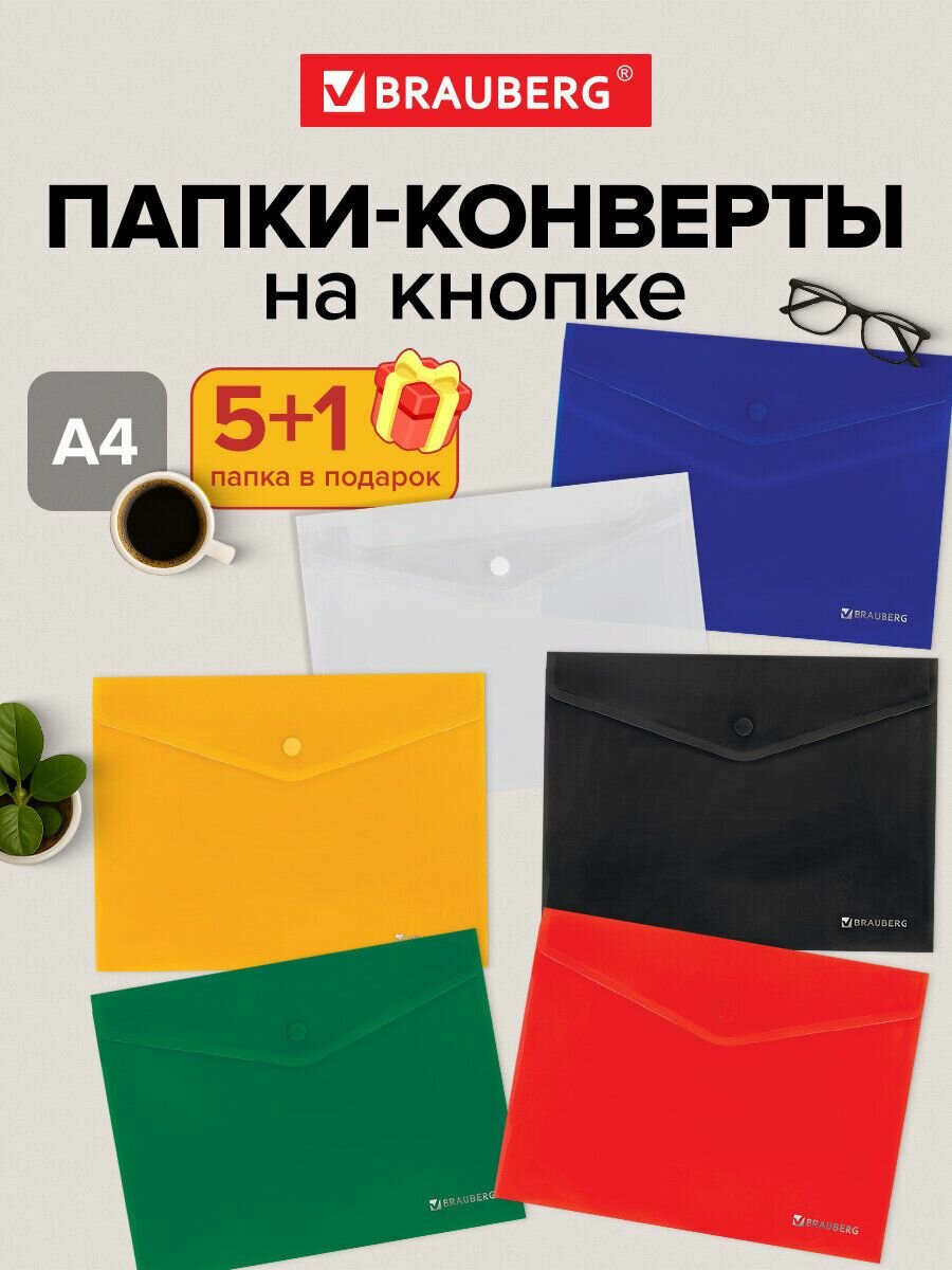 Папка конверт для документов, тетрадей и бумаг А4 с кнопкой, набор 6 штук, канцелярия для школы и офиса, папка конверт для документов А4 канцелярия