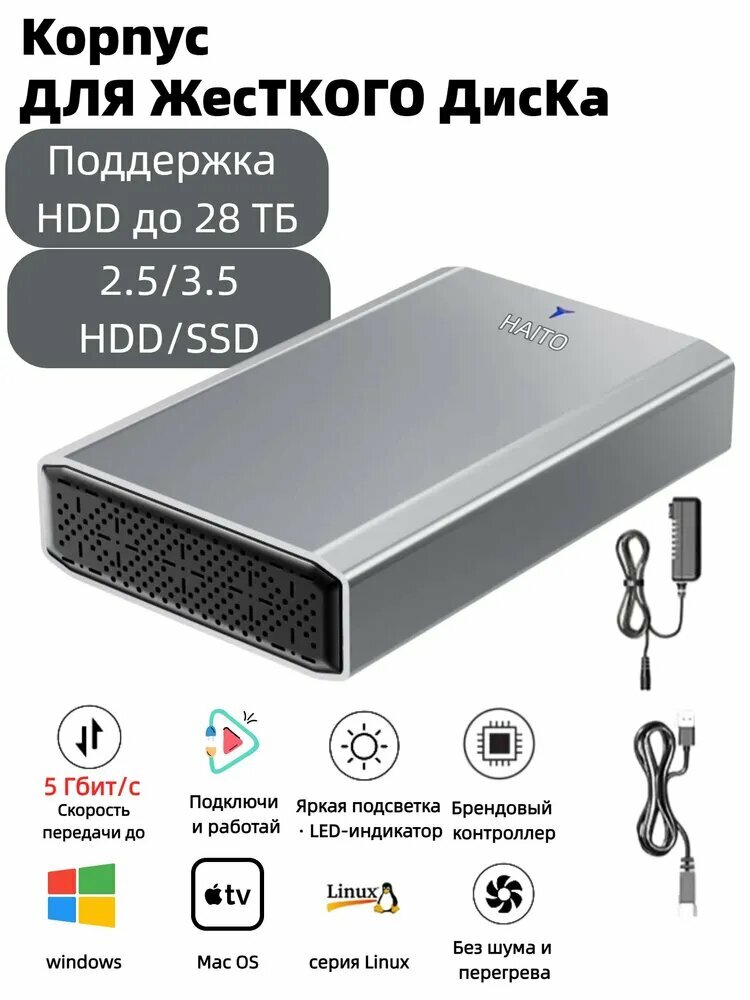 Корпус для жесткого диска 2.5″ 3.5″ SATA HDD/SSD Внешний бокс с интерфейсом USB 1M 3.0/3.1 до 5 Гбит/с, Максимум 28 ТБ