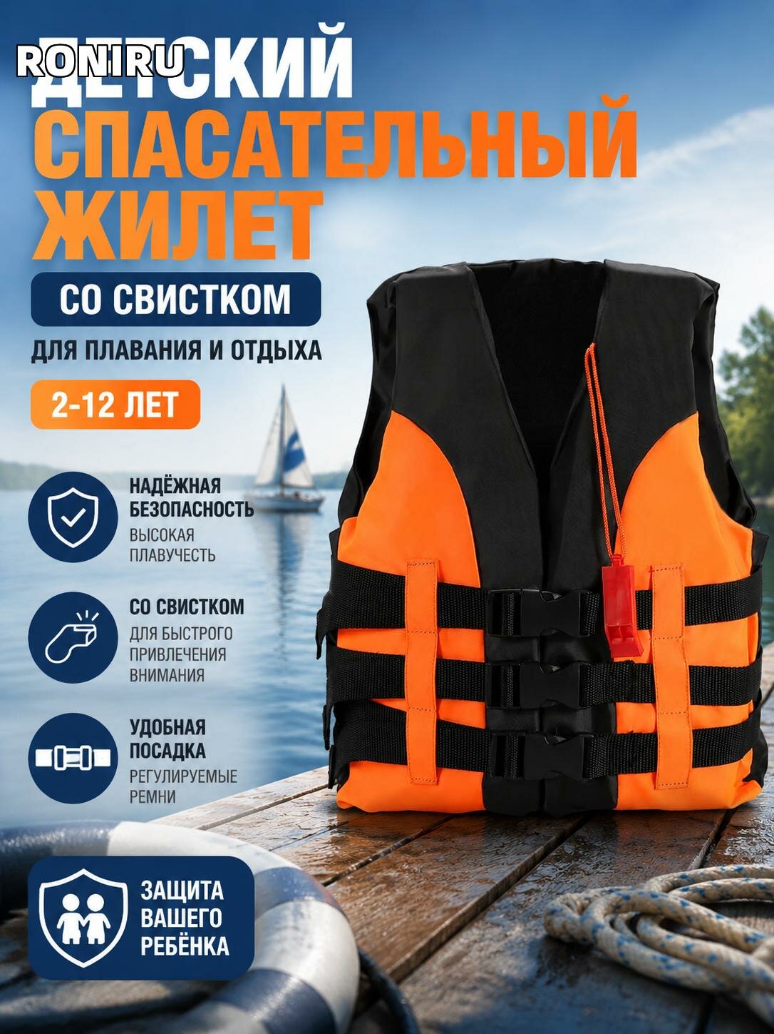 Детский спасательный жилет со свистком для плавания и отдыха, оранжевый/зелёный, для детей 2-12 лет, безопасный