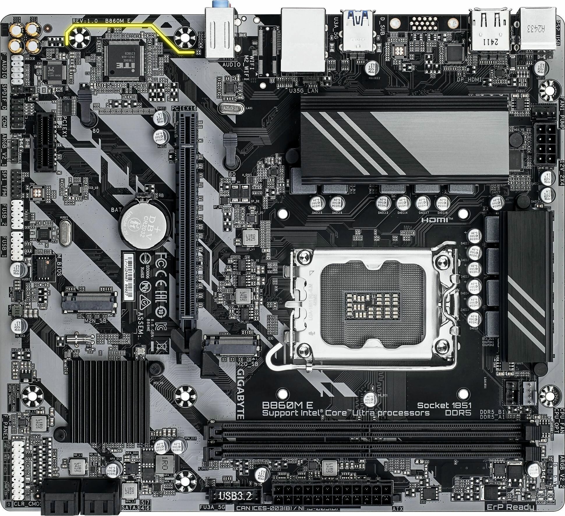 Материнская плата Gigabyte B860M E Soc-1851 Intel B860 2xDDR5 mATX AC`97 8ch(7.1) GbLAN RAID+HDMI+DP