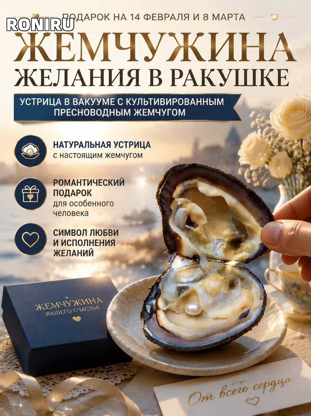 Жемчужина желания в ракушке, устрица в вакууме с культивированным пресноводным жемчугом — подарок на 14 февраля и 8 марта